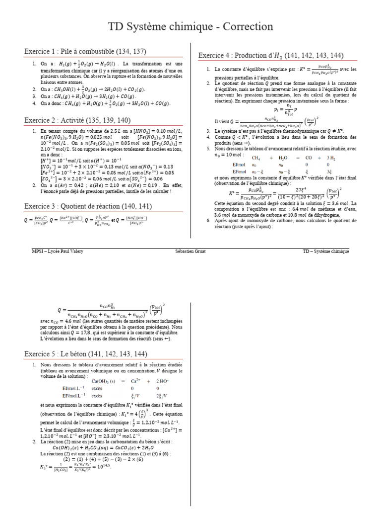 TD - Système Chimique - Correction - 2021 | PDF