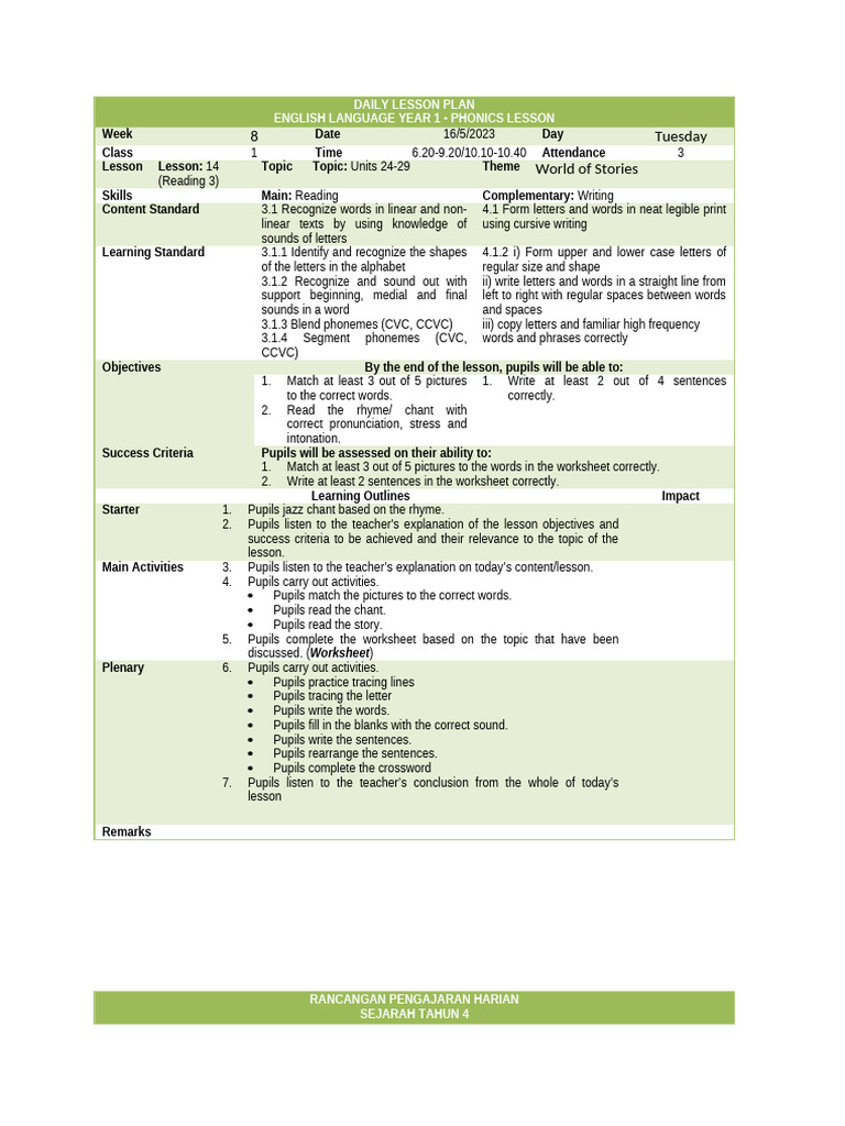 8 Tuesday World of Stories: Daily Lesson Plan English Language Year 1 ...