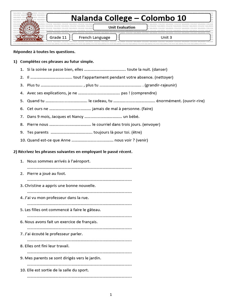 Grade 11 French Unit 3 | PDF