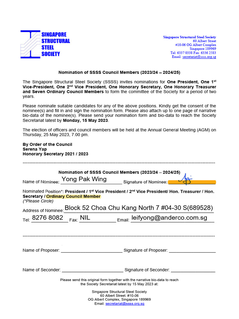 Nomination Form Yong Pak Wing | PDF