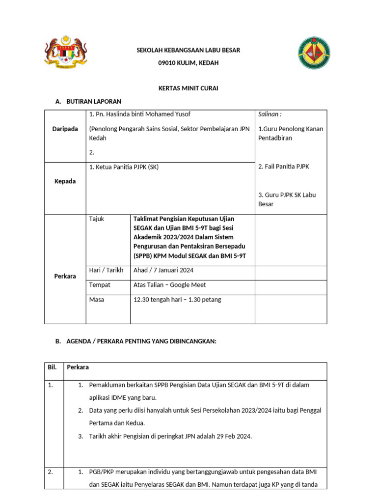 Kertas Minit Curai Taklimat KP PJPK | PDF