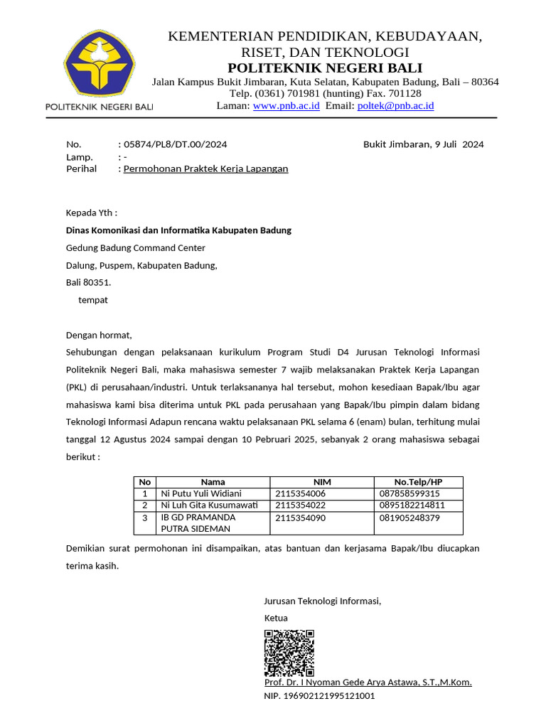 Surat Permohonan PKL 2024 | PDF