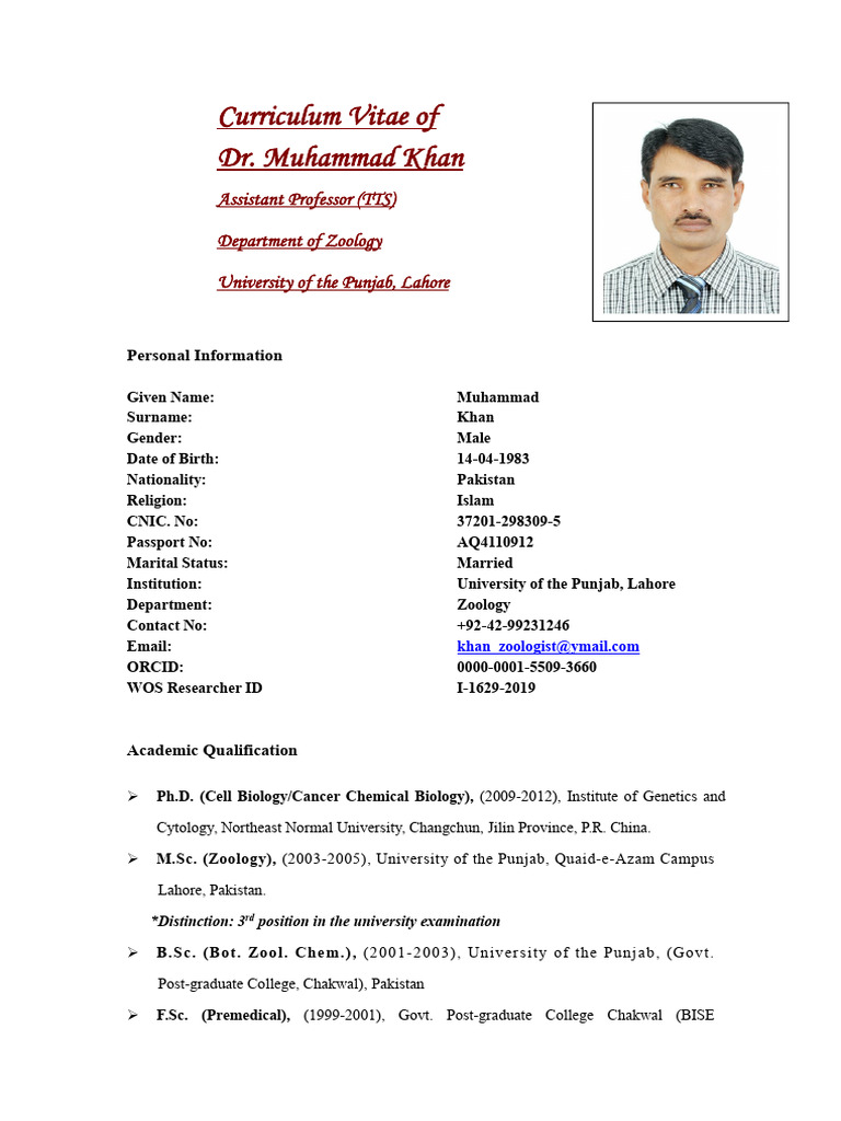 Curriculum Vitae of Dr. Muhammad Khan: Assistant Professor (TTS) Department of Zoology ...