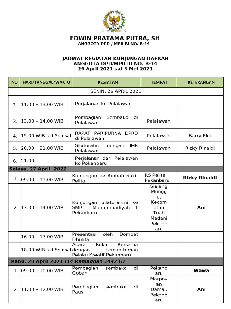 Jadwal Kunjungan Daerah From 24 April 2021 | PDF | Indonesia