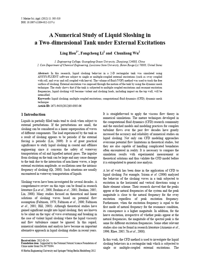A Numerical Study of Liquid Sloshing in A Two-Dimensional Tank Under External Excitations | PDF