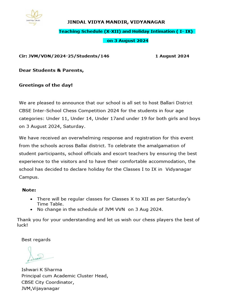 Cir 146 Teaching Schedule and Holiday Intimation On 3 August - 2024 | PDF