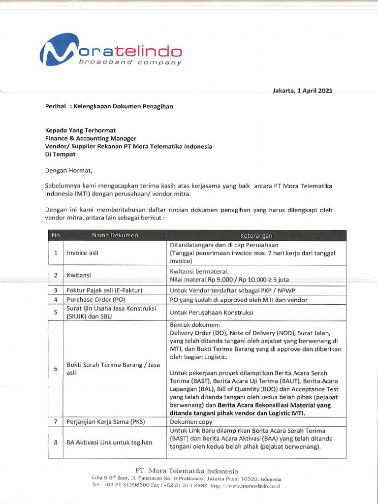 Surat Kelengkapan Tagihan Vendor MTI | PDF