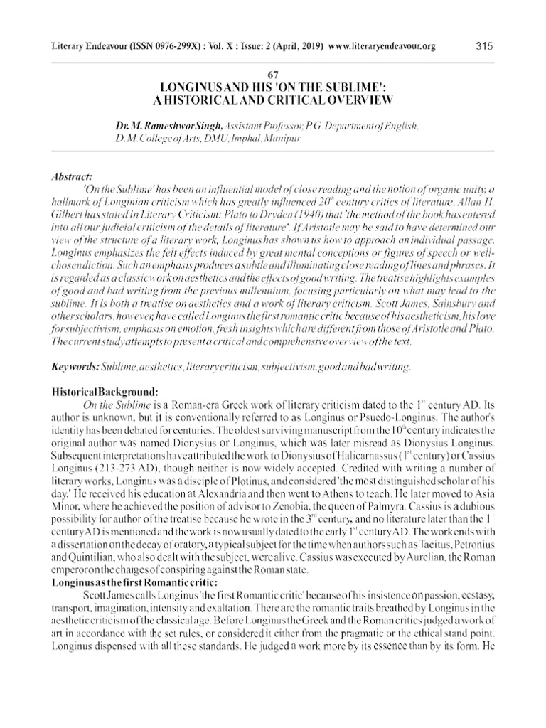 2019-04 67. Longinus and His 'On The Sublime' A Historical and Critical Overview - Dr. M ...
