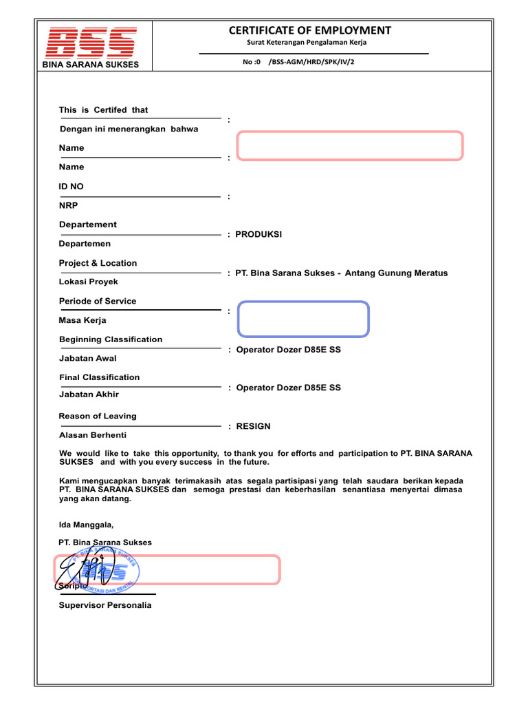 Bina Sarana Sukses - Surat Pengalaman Kerja Operator Doser | PDF