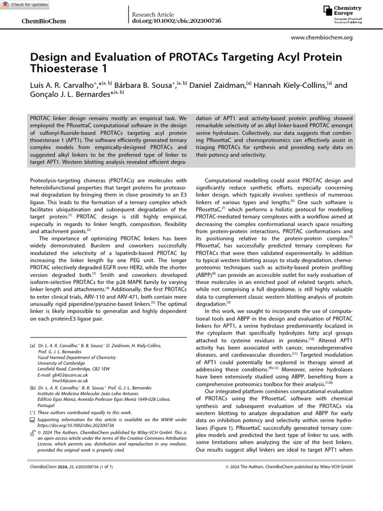 ChemBioChem - 2024 - Carvalho - Design and Evaluation of PROTACs Targeting Acyl Protein ...