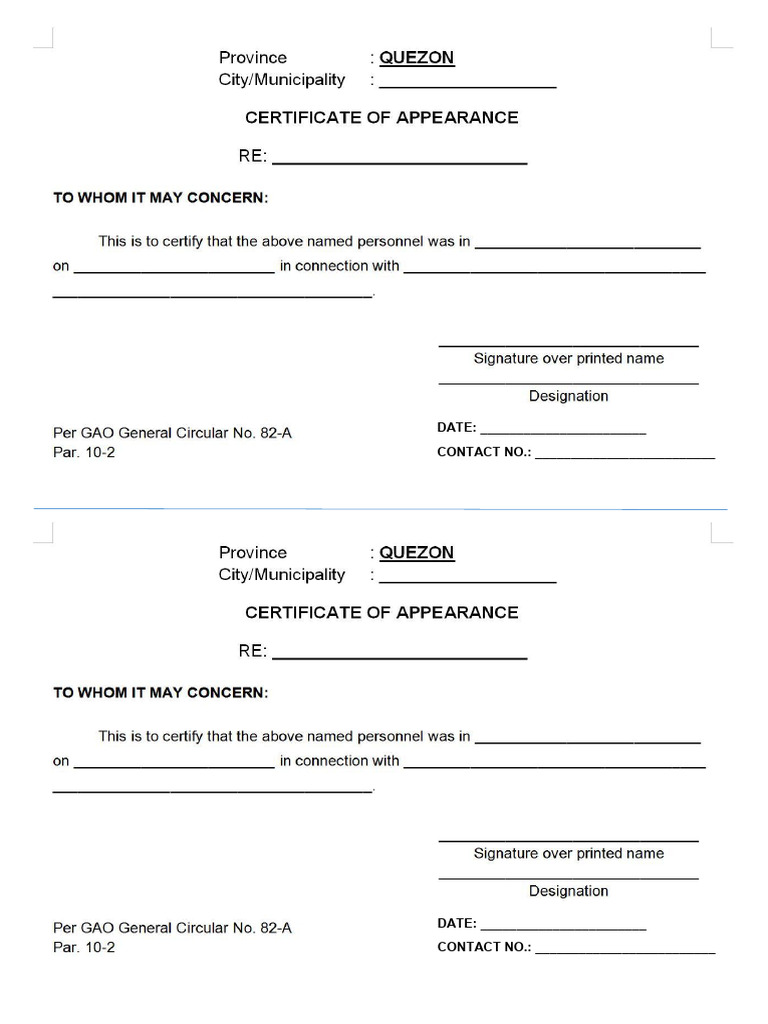 Certificate of Appearance (CA) GAO Form (2024 POPCEN-CBMS) | PDF