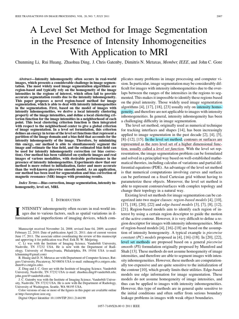 A Level Set Method For Image Segmentation in The Presence of Intensity Inhomogeneities With ...