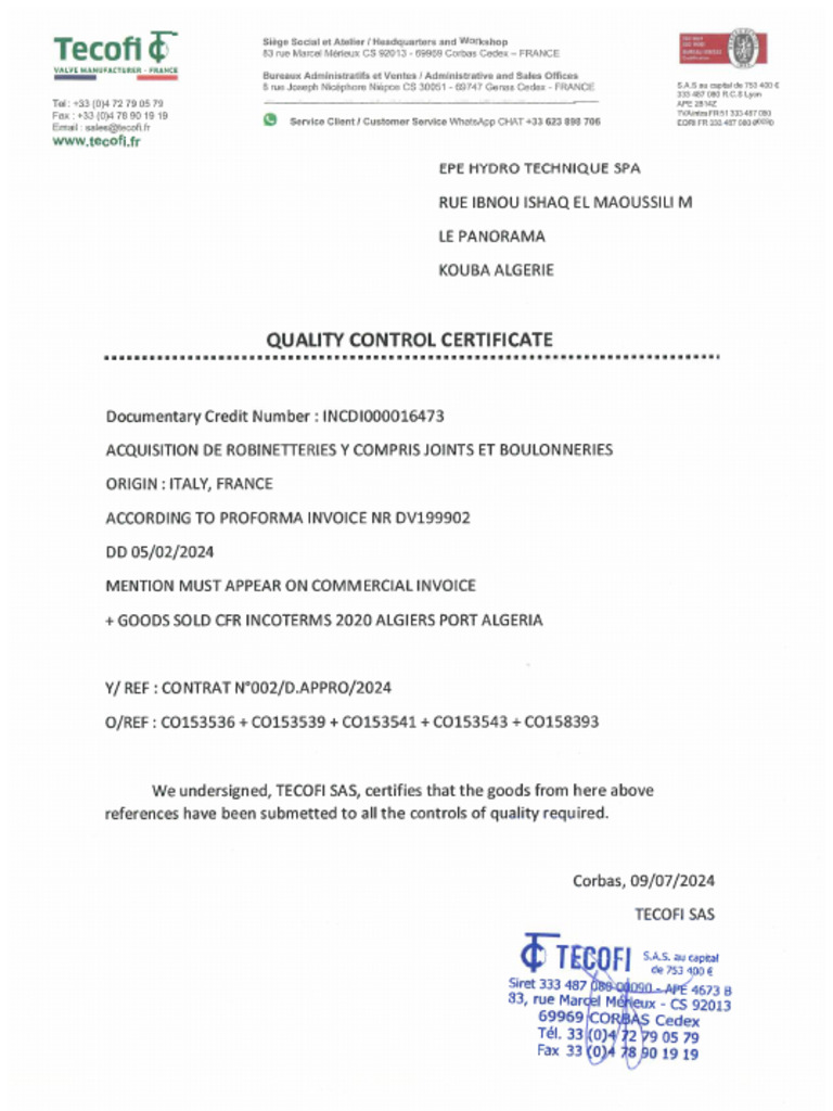 Quality Control Certificate | PDF