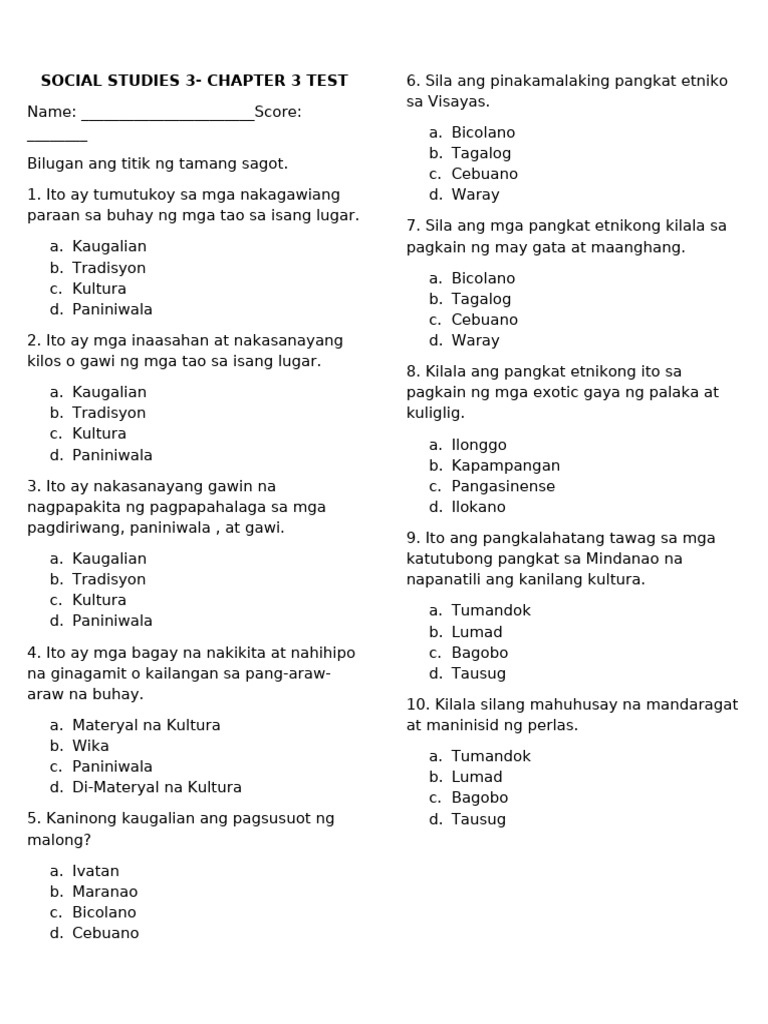 Social Studies Chapter 3 Test Guide | PDF | Philippines | Social Science