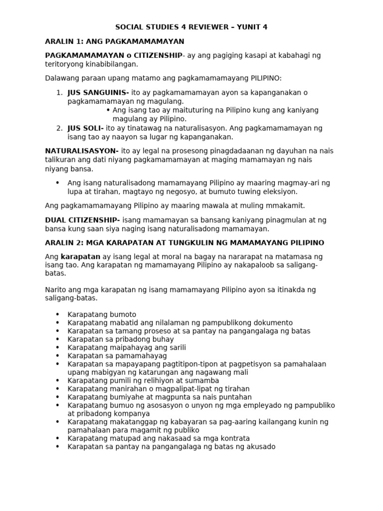 Social Studies 4 Yunit 4 Reviewer | PDF | Government And Personhood