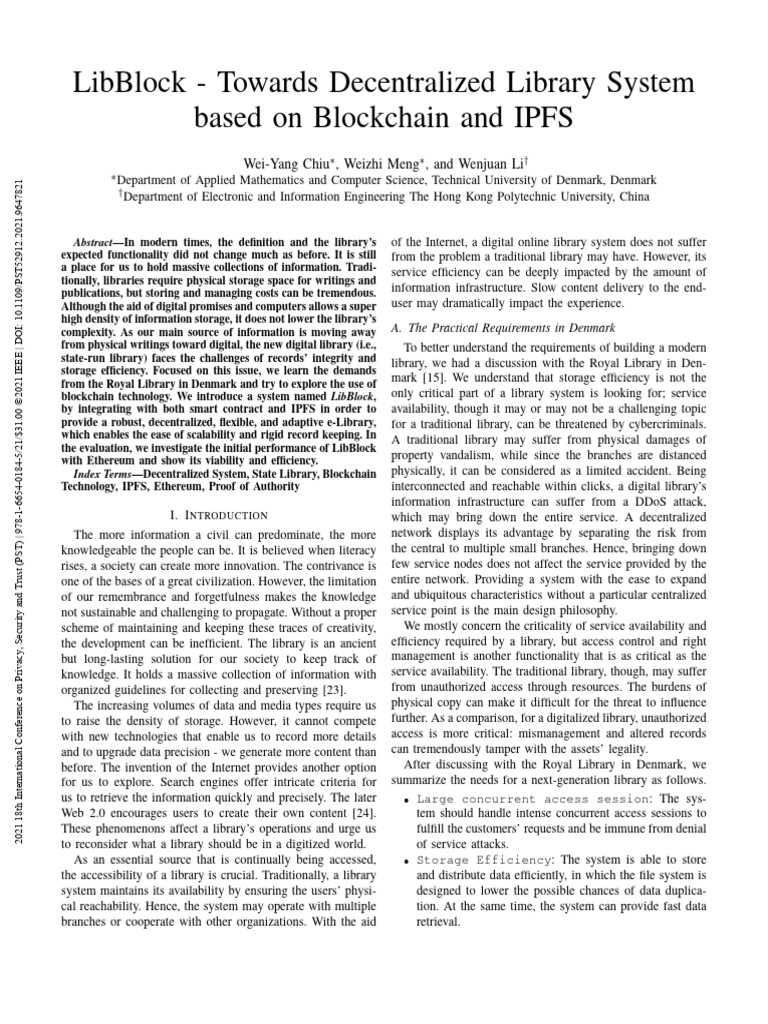 LibBlock - Towards Decentralized Library System Based On Blockchain and IPFS | PDF