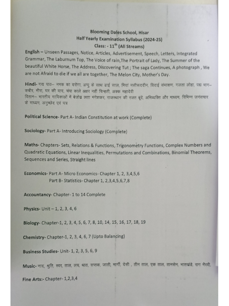 Half Yearly Examination of 11th 2024-25 With Datesheet | PDF
