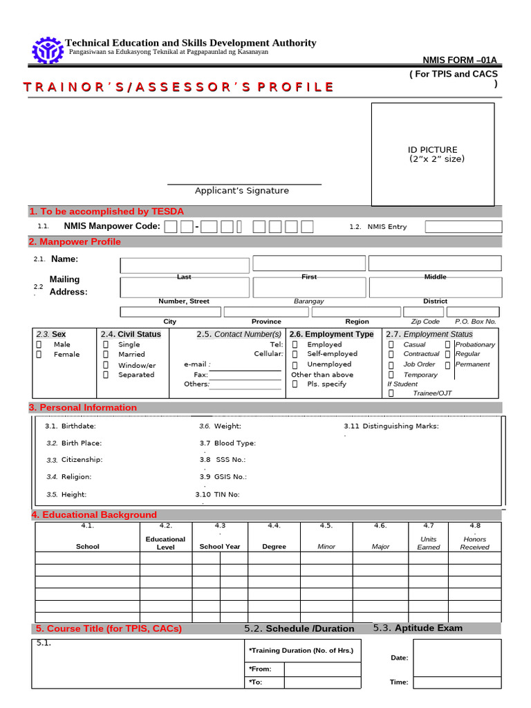 Trainors Assessors Profile Form | PDF