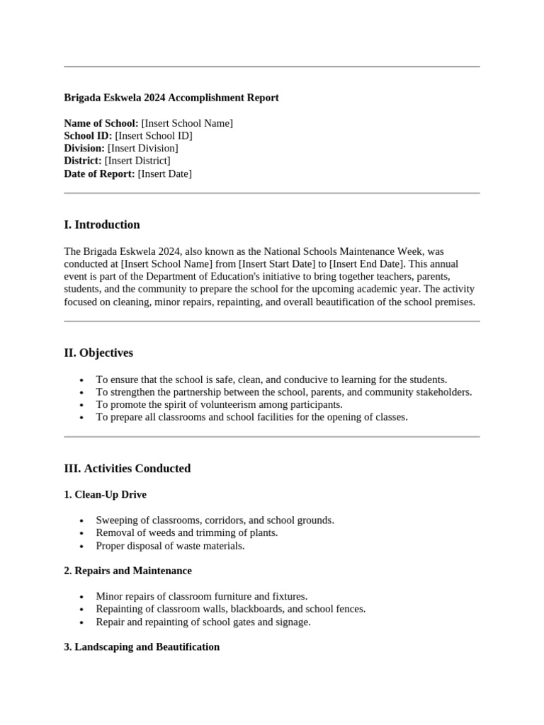 Brigada Eskwela 2024 Accomplishment Report | PDF | Volunteering
