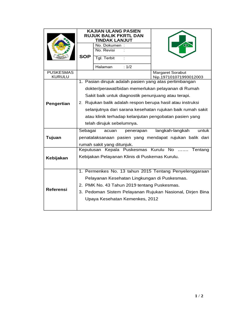 317 Sop Kajian Ulang Kondisi Pasien Rujuk Balik | PDF