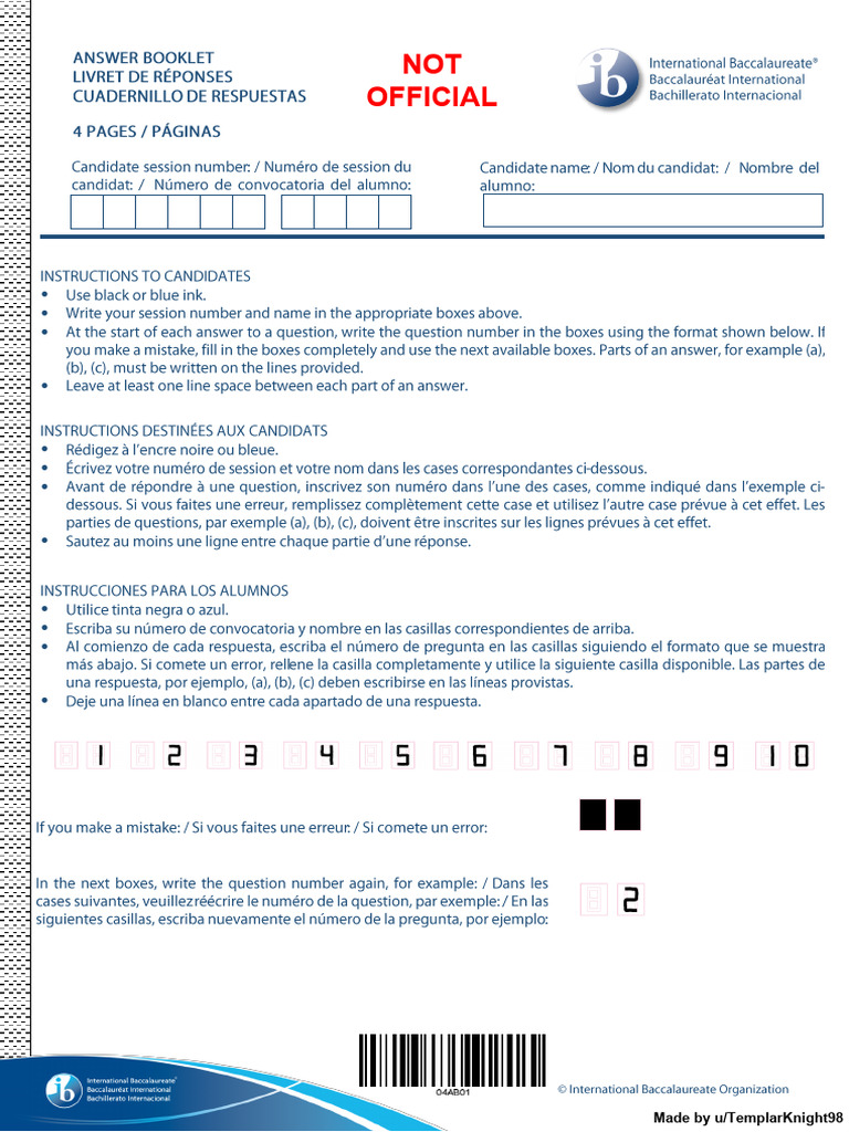Ib Answer Booklet 2 - 4 Pages | PDF