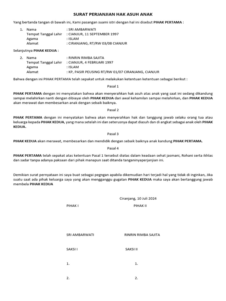 Surat Perjanjian Hak Asuh Anak | PDF