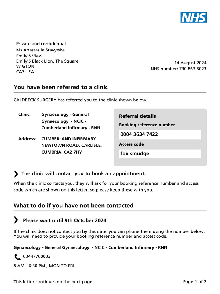 You Have Been Referred To A Clinic: Referral Details | PDF