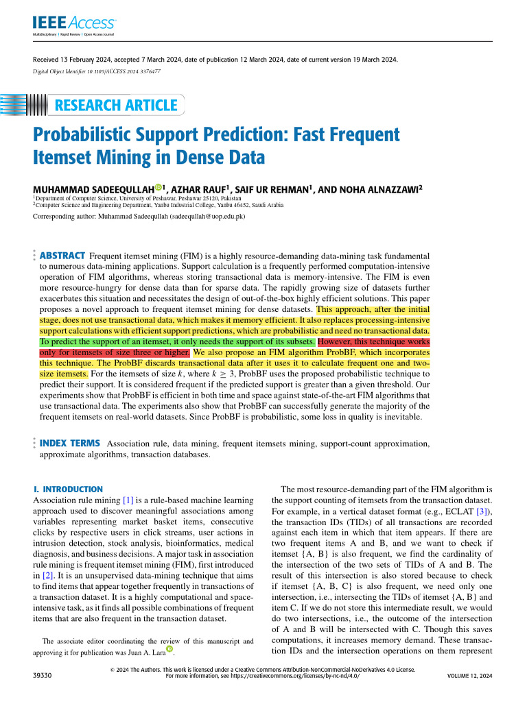 Probabilistic Support Prediction Fast Frequent Itemset Mining in Dense Data | PDF