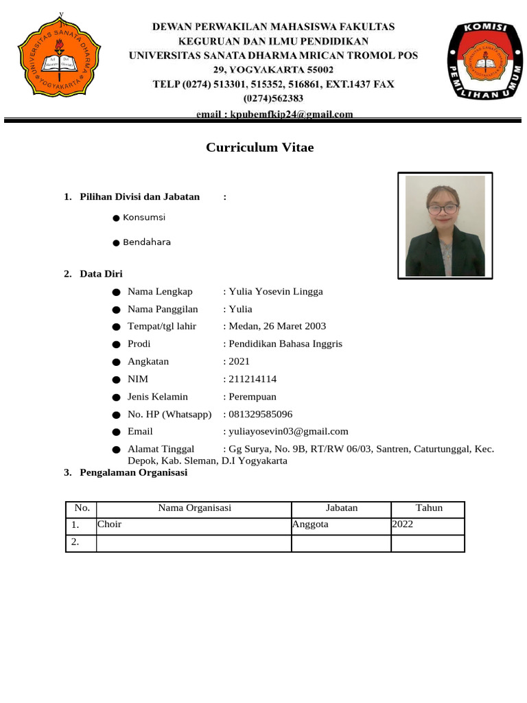 CV KPU BEM FKIP 2024 - Yulia Yosevin Lingga | PDF