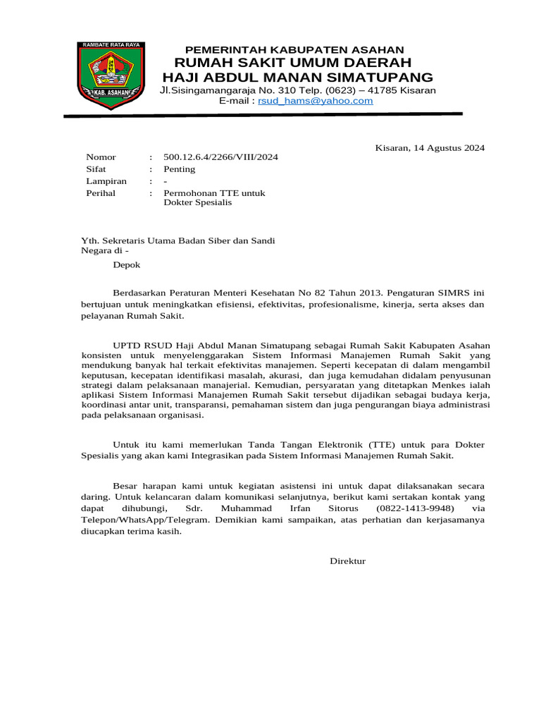Surat Permohonan Tte RS | PDF
