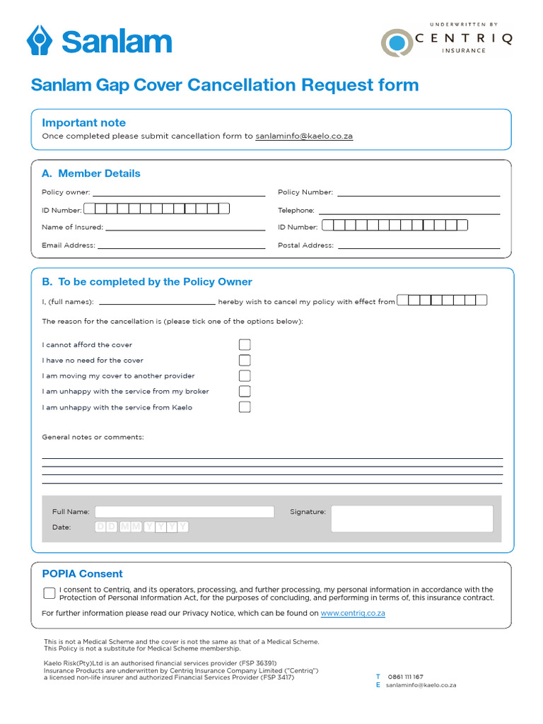 Sanlam Gap Cancellation Form 2022 | PDF