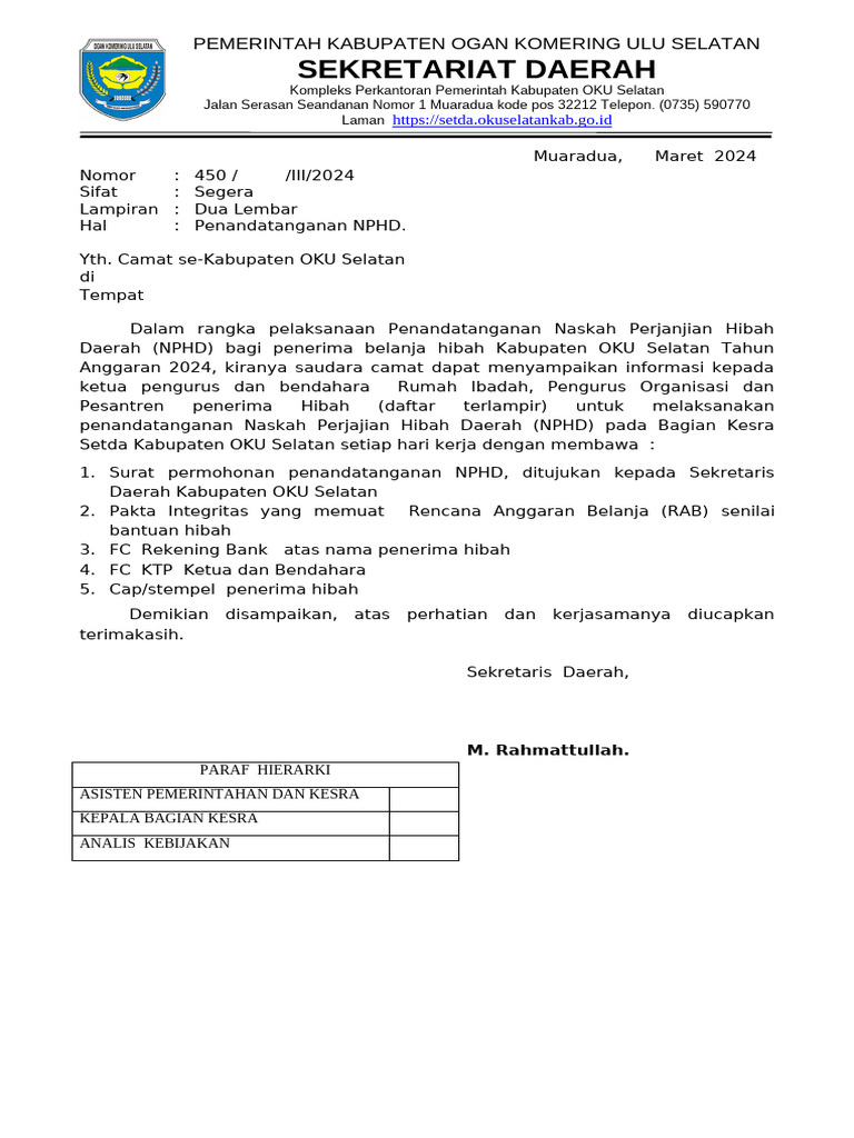 Contoh SURAT PERMINTAAN TTD NPHD DAN RAB | PDF