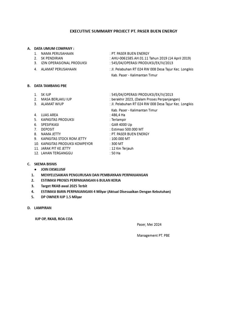 Executive Summary Roject PT Pbe | PDF