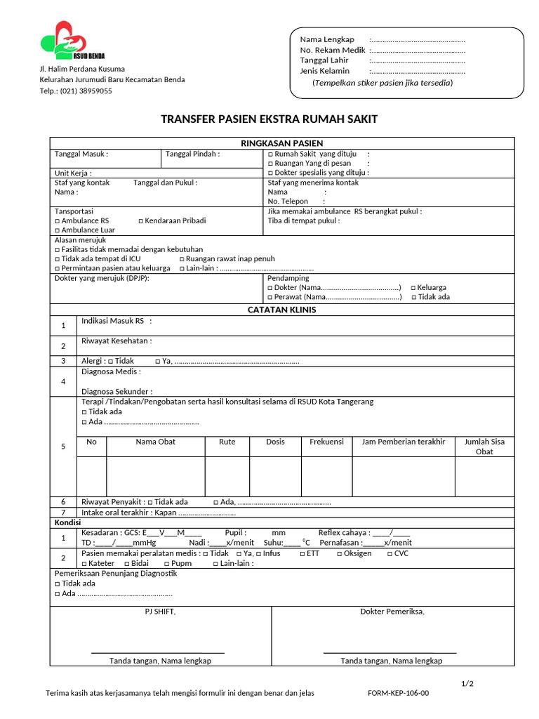 Formulir TRANSFER EKSTRA RS Ok BENDA Fix | PDF