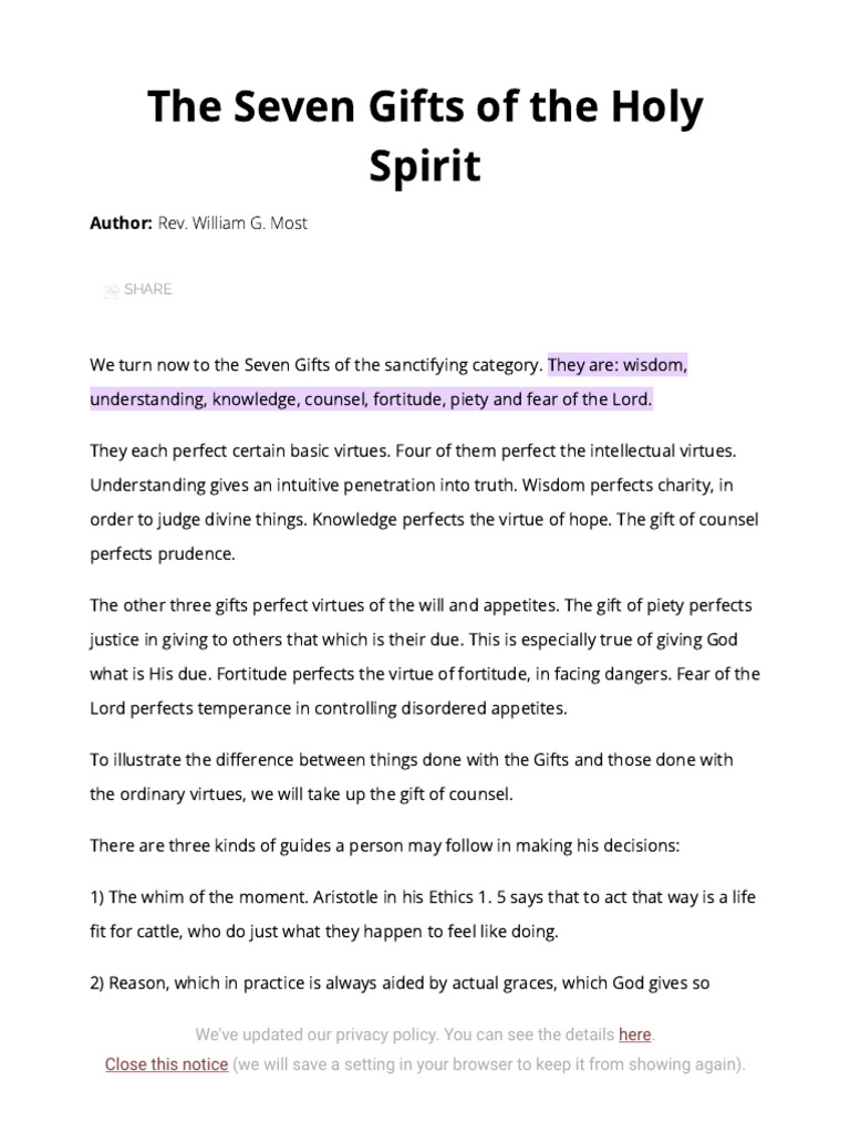 The Seven Gifts of The Holy Spirit - EWTN | PDF