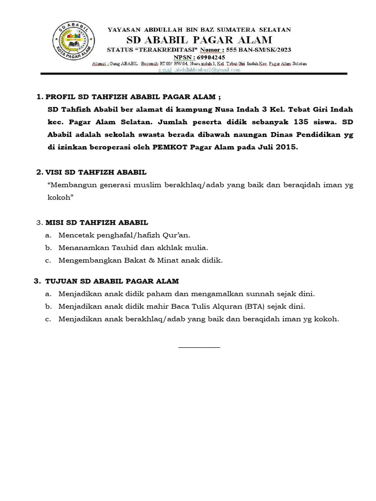 Visi Misi SD Ababil Pagar Alam | PDF
