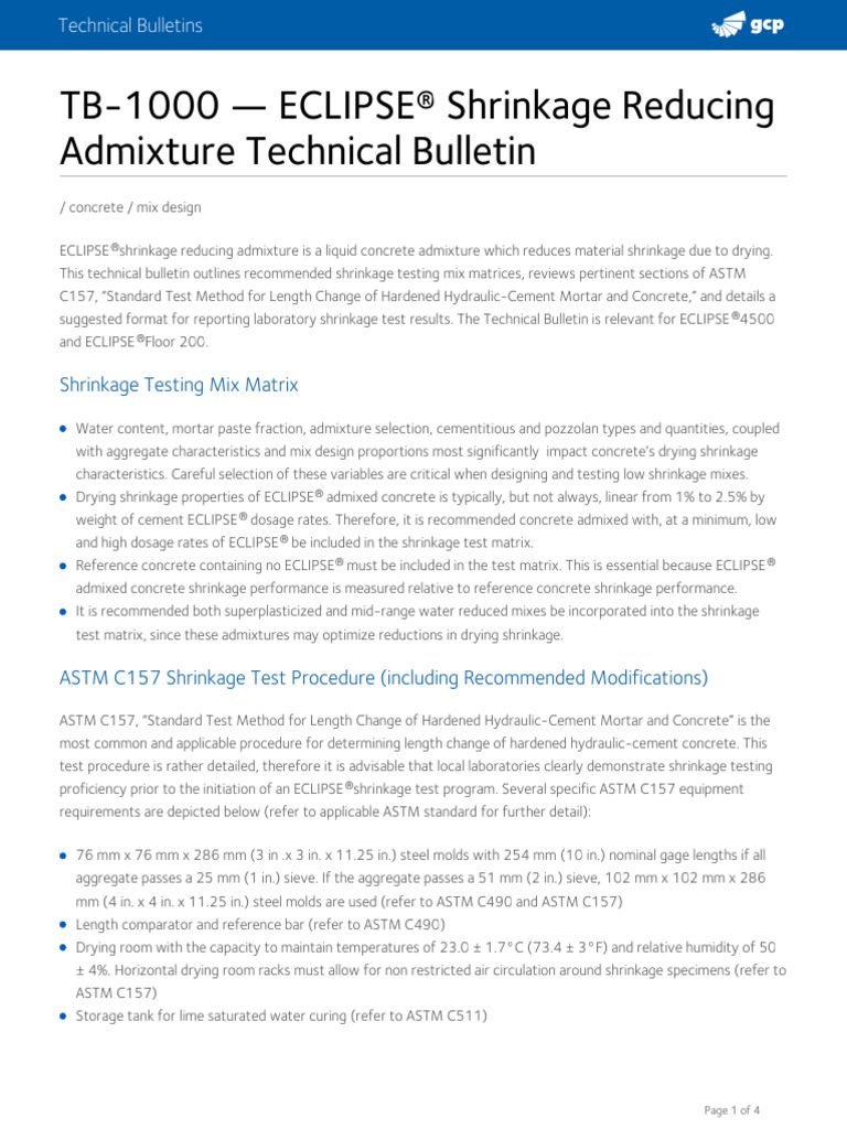 GCPAT TB 1000 Eclipse Shrinkage Reducing Admixture Technical Bulletin Us 6746 | PDF