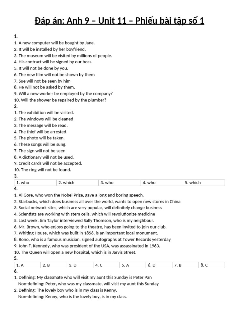 Đáp án - Anh 9 - Unit 11 - Phiếu bài tập số 1 | PDF