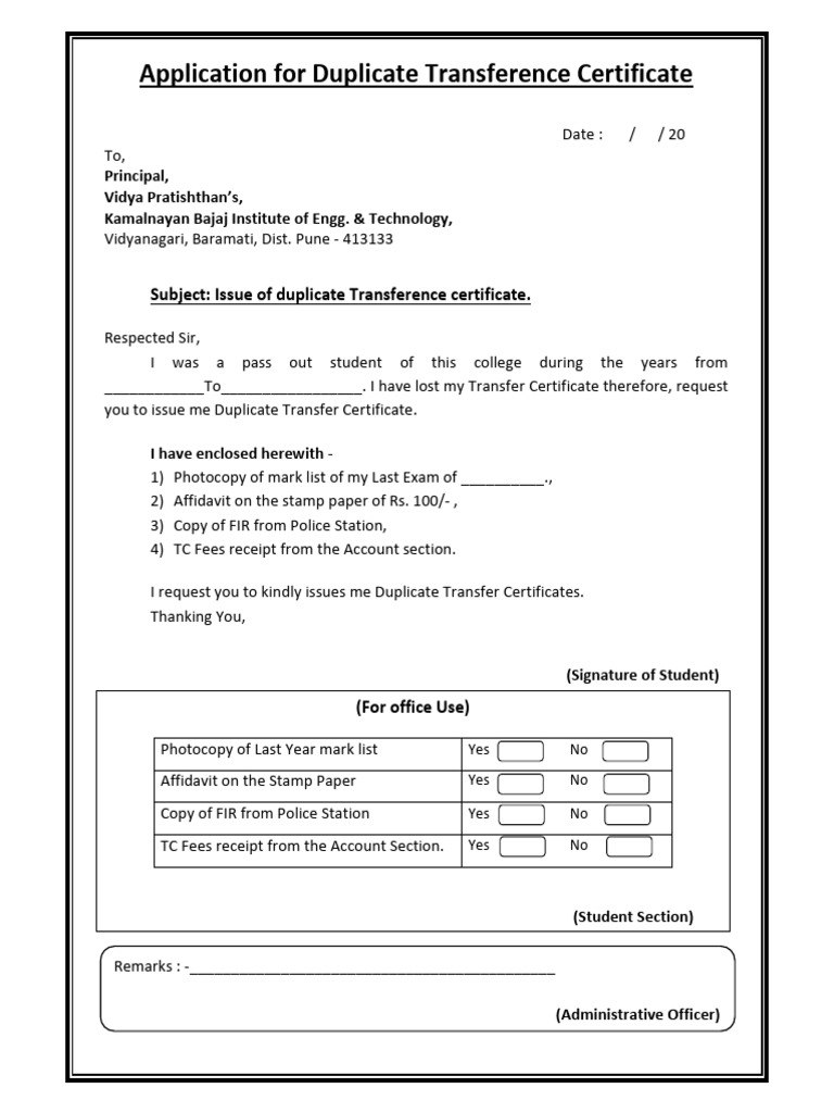Application For Duplicate Transference Certificate | PDF