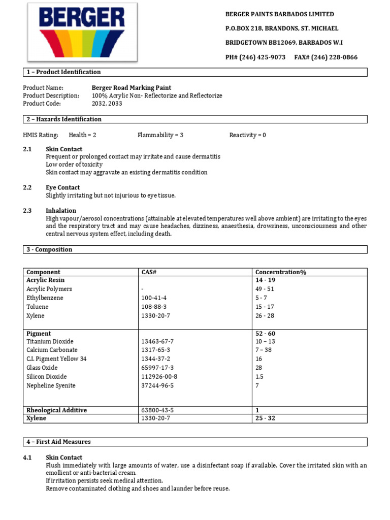 Berger Reflectorized Road Marking Paint Msds - 0138 | PDF