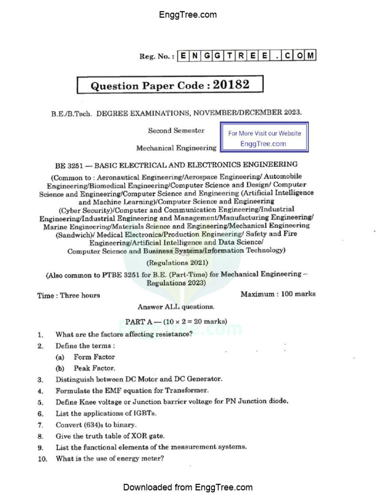 BE3251 Basic Electrical and Electronics Engineering Nov Dec 2023 Question Paper Download | PDF