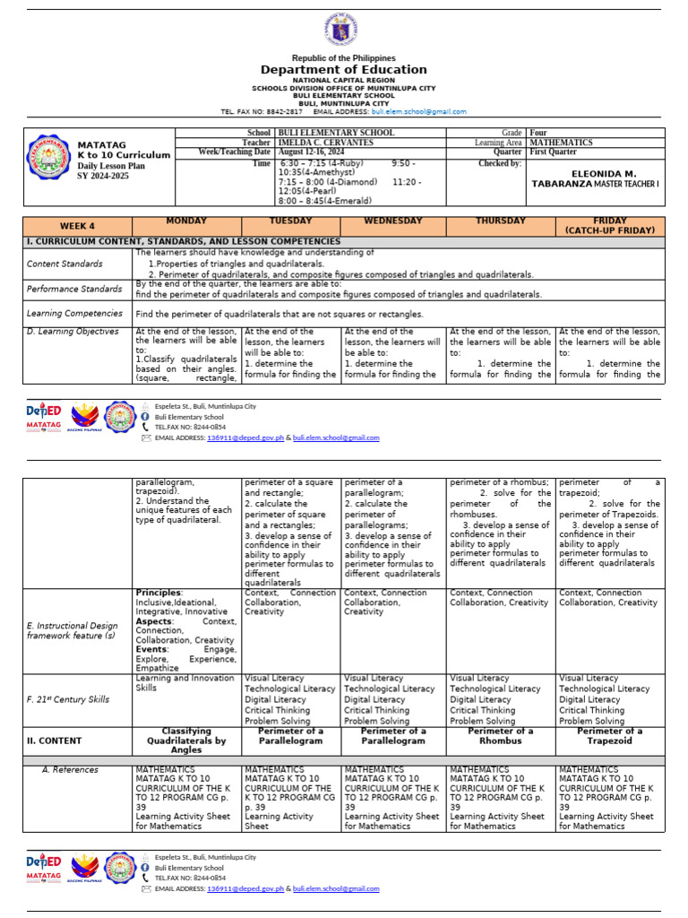 DLL - Matatag - Math 4 Q1 - Week 4 | PDF