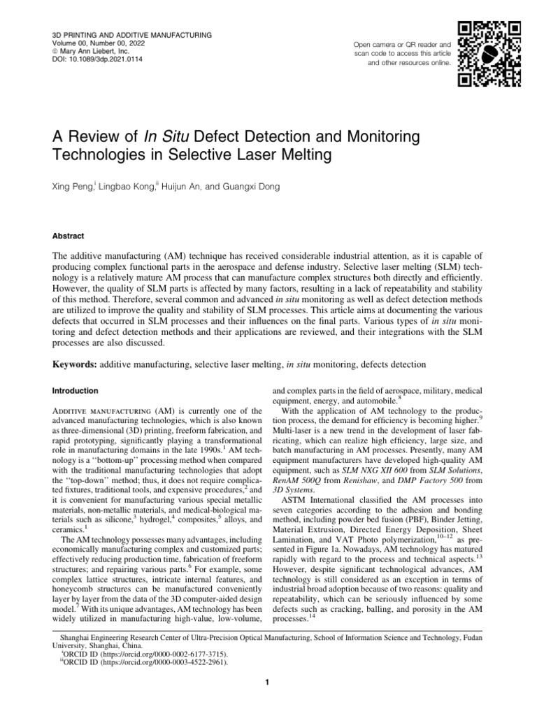 A Review Of Insitu Defect Detection And Monitoring Technologies In Selective Lasermelting Pdf