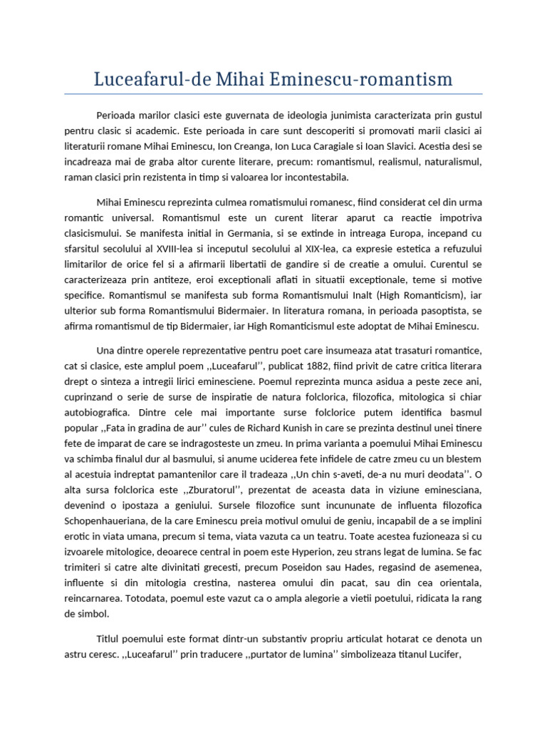 Luceafarul-De Eminescu-Romantism | PDF