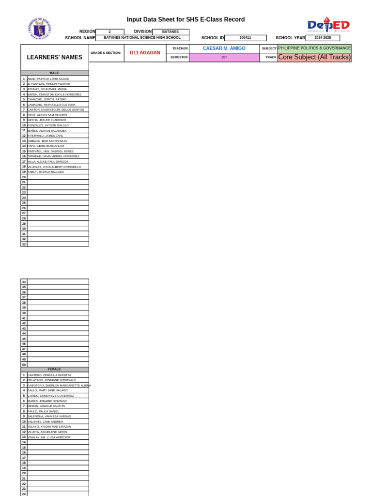 SHS Class Record: G11 Agagan 2024-2025 | PDF | High Schools And ...