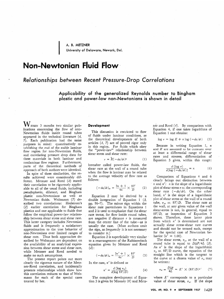 Metzner 2002 Non Newtonian Fluid Flow Relationships Between Recent Pressure Drop Correlations | PDF