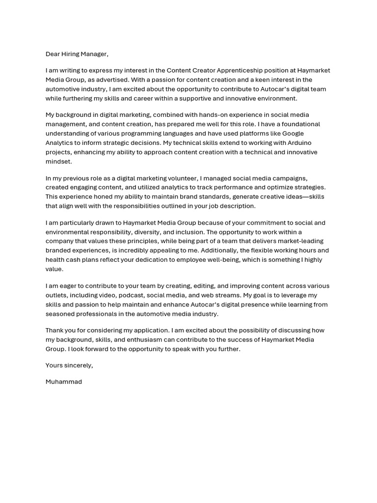 Content Creator Apprentice Cover Letter | PDF
