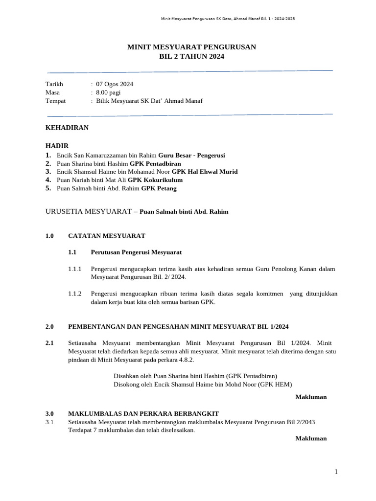 Minit Mesyuarat 2 2024 | PDF
