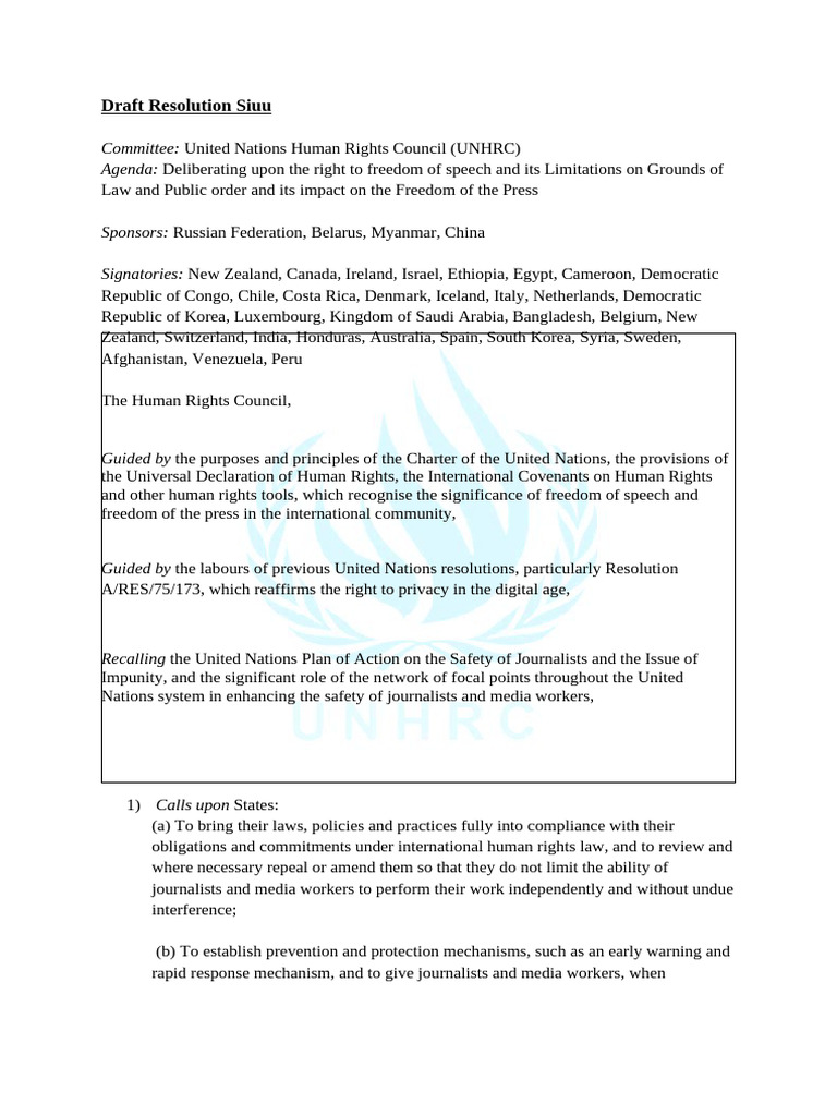 Draft Resolution Freedom of Speech - Russia (UNHRC) | PDF | Human ...