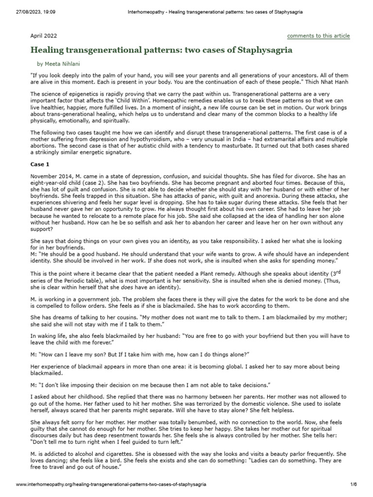 Healing Transgenerational Patterns - Two Cases of Staphysagria | PDF | Domestic Violence | Self ...